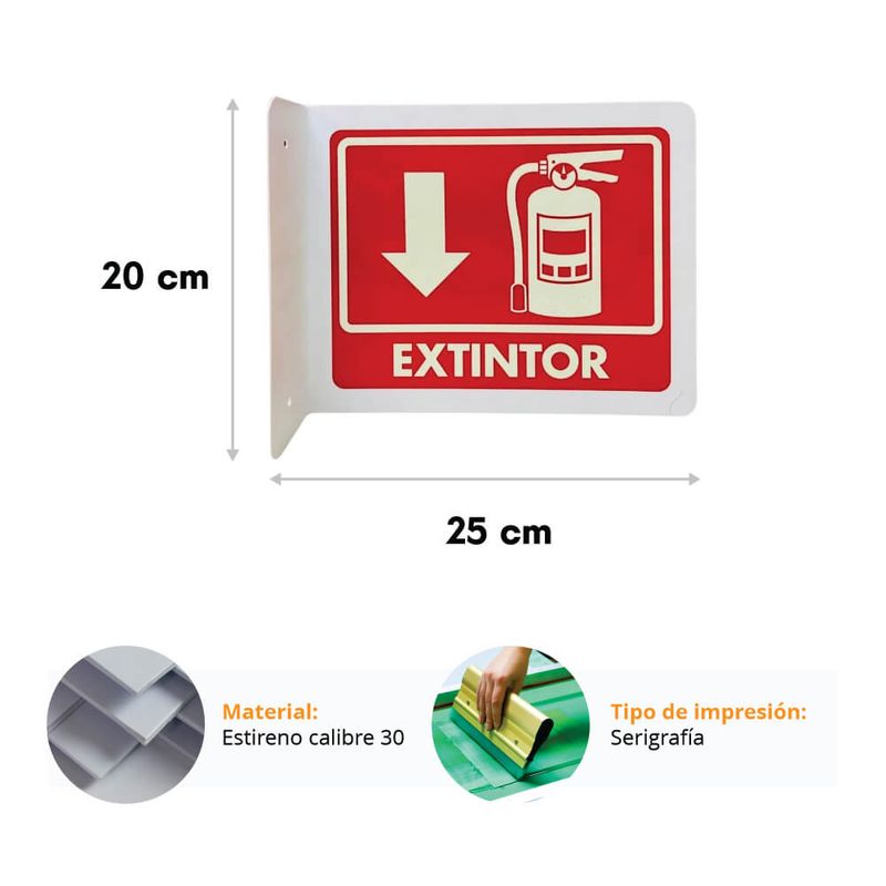 LETRERO EXTINTOR ABAJO ROJO DOBLE VISTA CON PESTAÑA 20X20 | SafetyStore